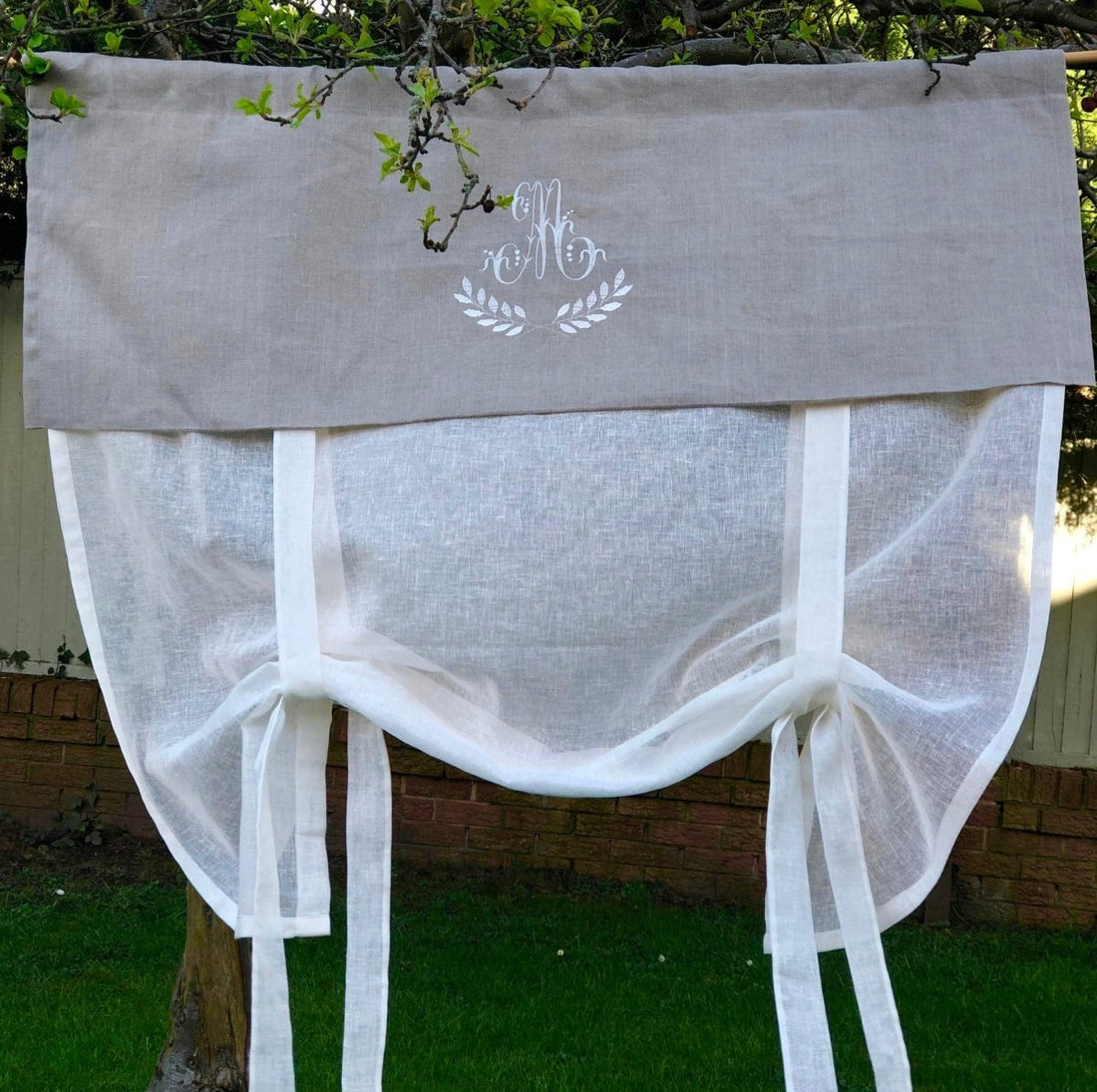 Natural Linen Tie Up Valance with Laurel Wreath Monogram – Linen and ...
