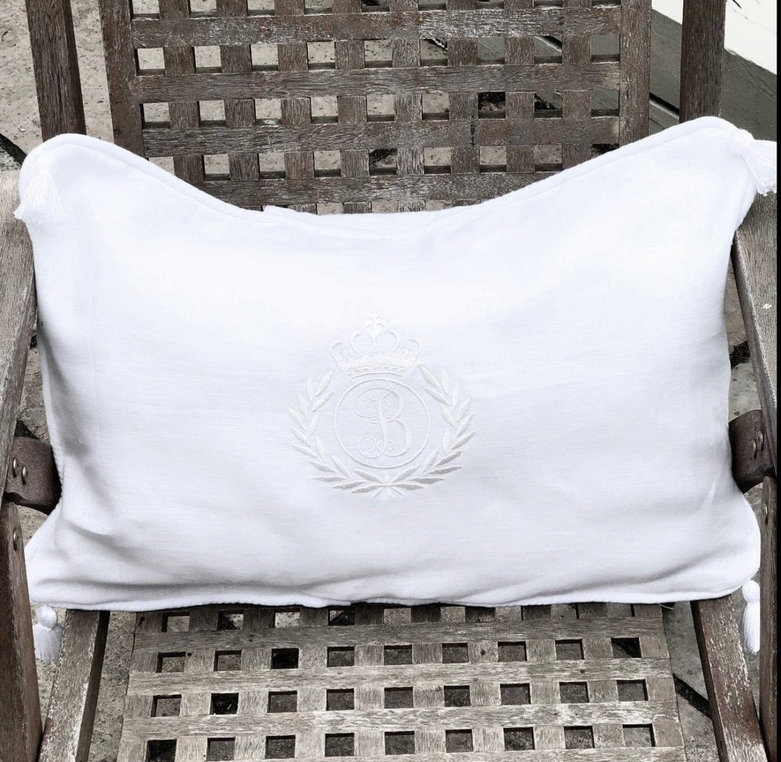 Buy White Linen Tassel Boudoir Pillowcase with Crown Monogram ...