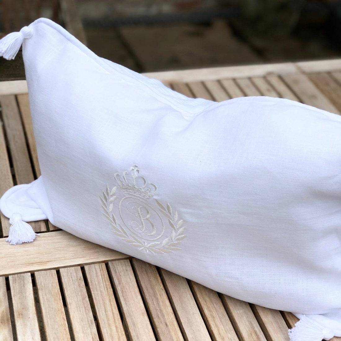 White Linen Tassel Boudoir Pillowcase with Crown Monogram – Linen and ...